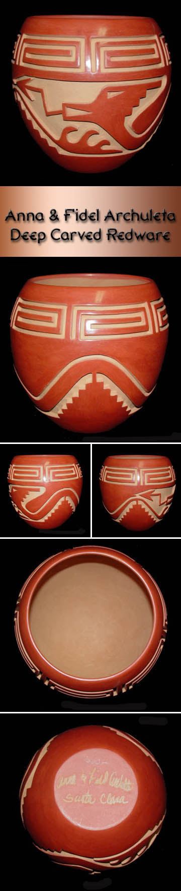 Pueblo Pottery by Anna & Fidel Archuleta - Deep Carved Redware (Avanyu)