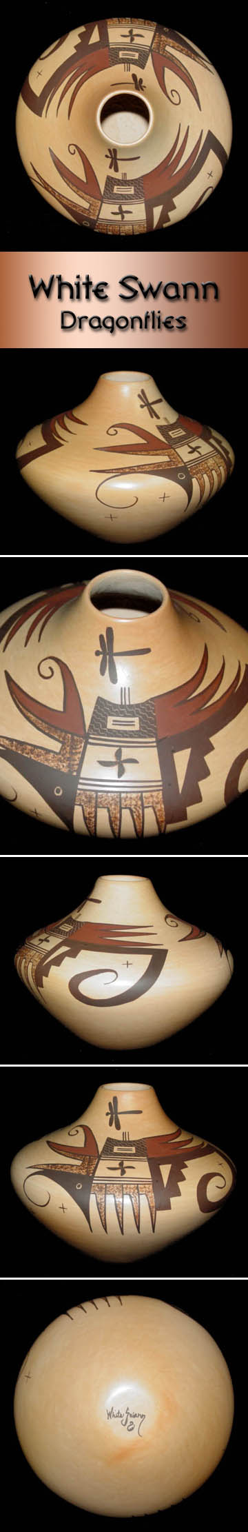 Hopi Pottery - White Swann (Dolly Navasie) - Dragonflies
